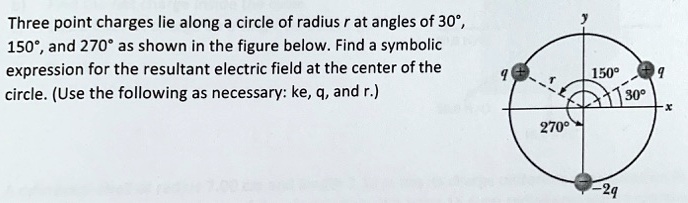 SOLVED: Three point charges lie along circle of radius at angles of 30" 150;, and 270* as shown ...