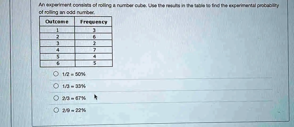an experiment consists of rolling a number cube use the results in the table to find the ...