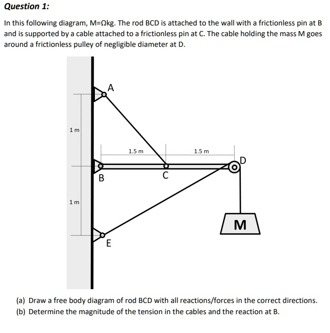 SOLVED: In the following diagram, M = kg. The rod BCD is attached to ...