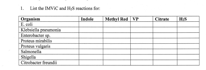 1. List the IMViC and H2S reactions for: Organism E. coli Klebsiella ...