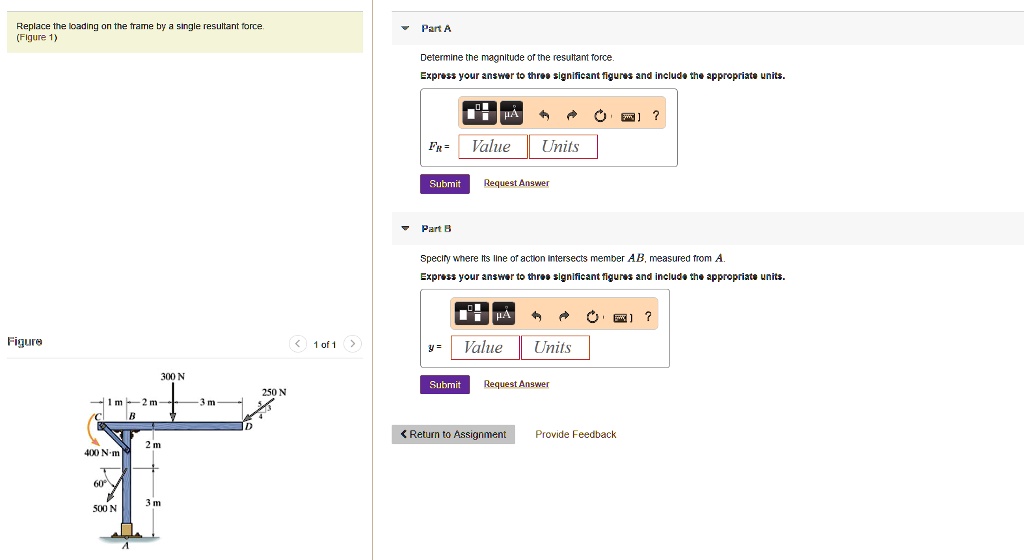 Replace the loading on the frame by a single resultant force. (Figure 1) Part A Determine the ...