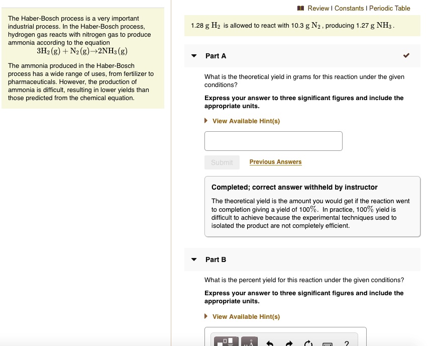 SOLVED:Review Constants Periodic Table The Haber-Bosch process is very ...