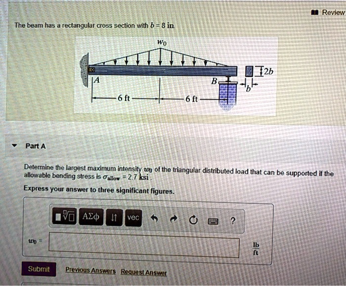 The beam has a rectangular cross section with b = 8 in w0 2b A B b 6 ft ...