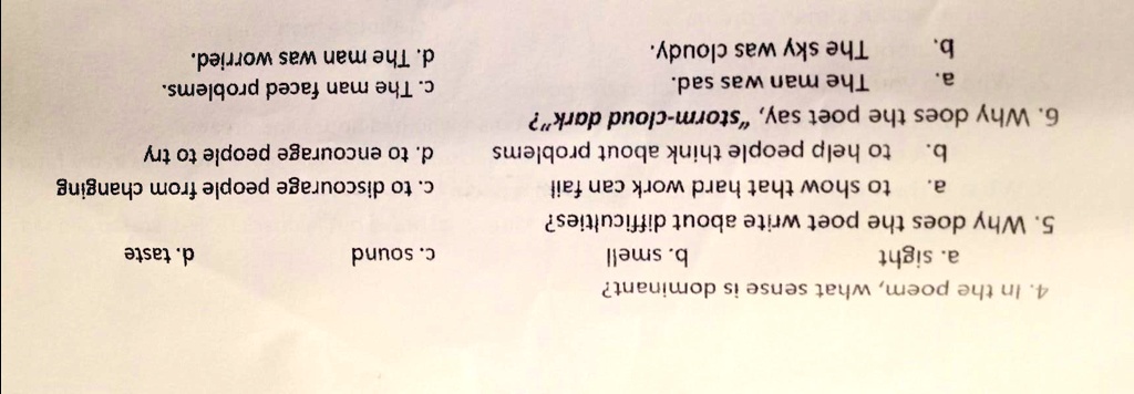SOLVED: 4. In the poem, what sense is dominant? a. sight b. smell c ...
