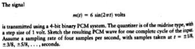 SOLVED: The signal m(t) = 6sin(2volts) is transmitted using a 4-bit ...