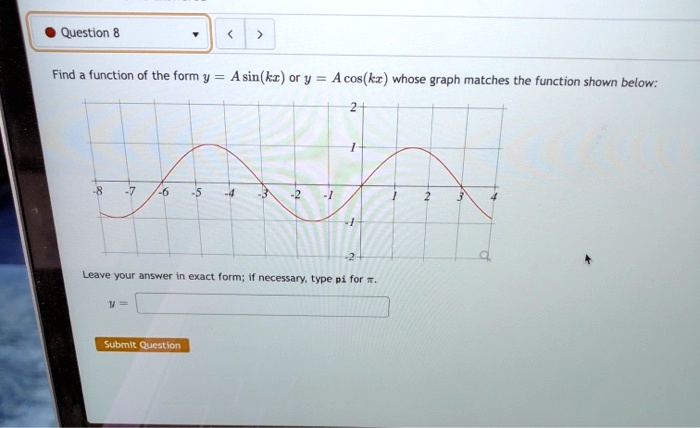 SOLVED: Question 8 Find a function of the form y = Asin(kz) or y = Acos(kz) whose graph matches ...