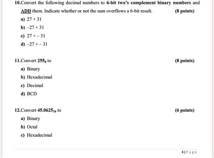 10convert The Following Decimal Numbers To 6 Bit Twos Complement Binary Numbers And Add Them