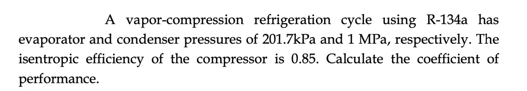 A vapor-compression refrigeration cycle using R-134a has evaporator and condenser pressures of ...