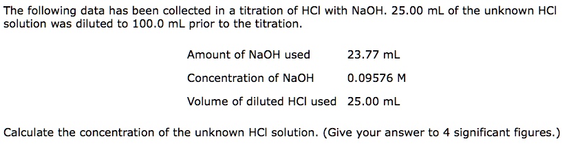 SOLVED: The following data has been collected in a titration of HCI with NaOH: 25.00 mL of the ...