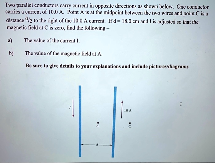 two parallel conductors carry current in opposite directions as shown ...