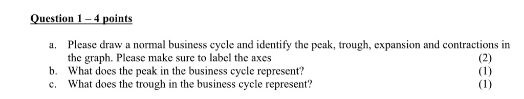 Question 1-4 points a. Please draw a normal business cycle and identify ...