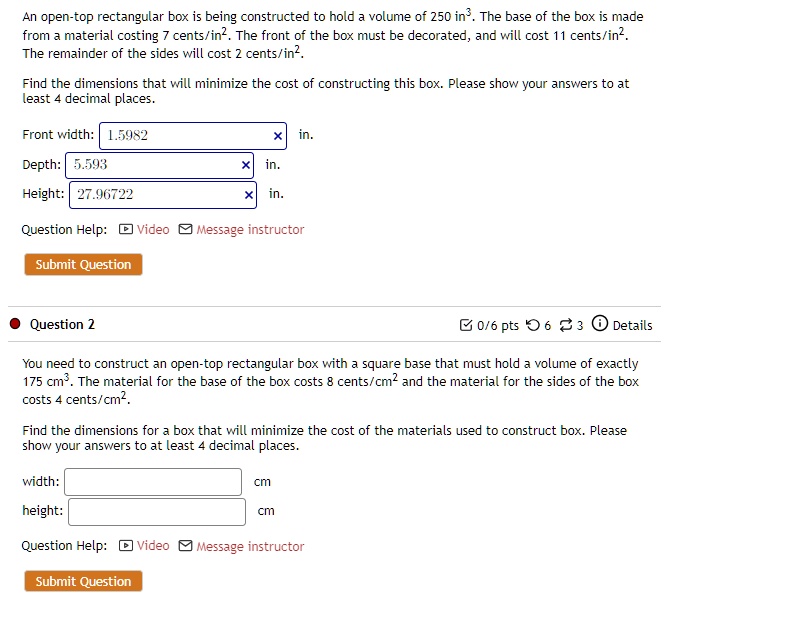 SOLVED: Texts: An open-top rectangular box is being constructed to hold ...