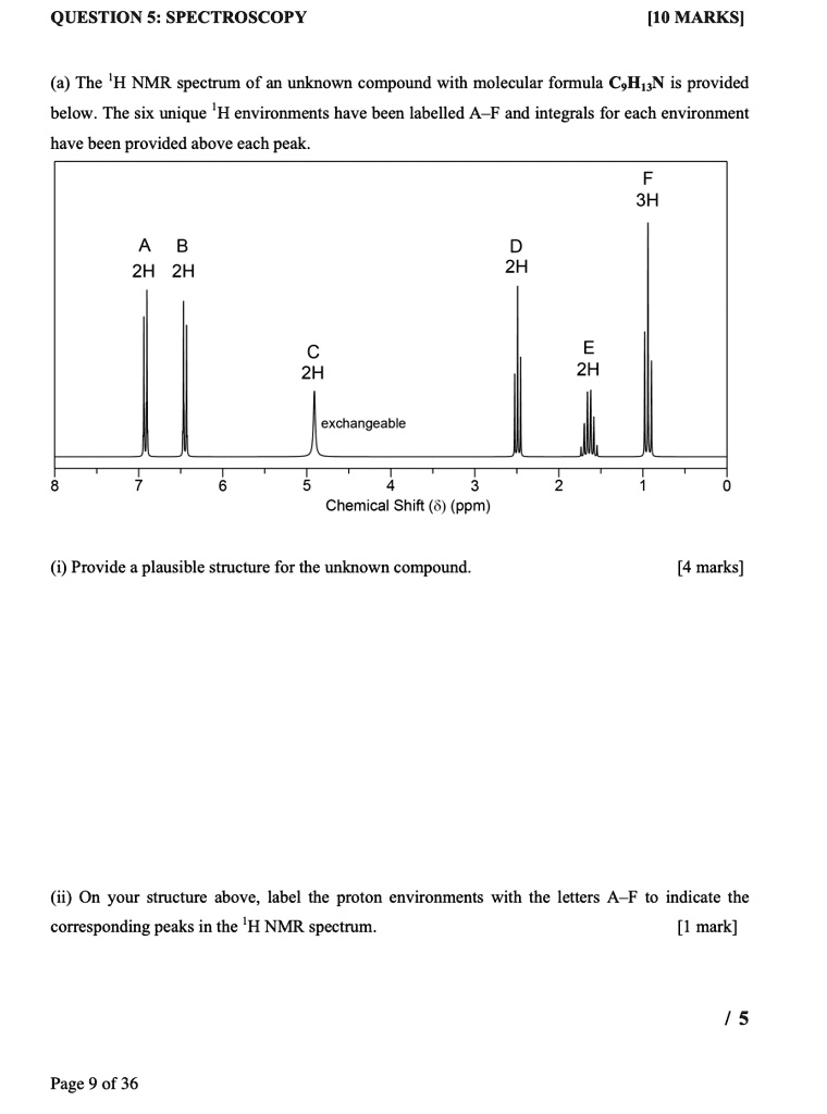 question 5 spectroscopy 10 marks a the h nmr spectrum of an unknown ...