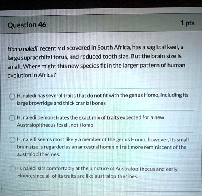 SOLVED: Question 46 1pts Homo naledi, recently discovered in South ...