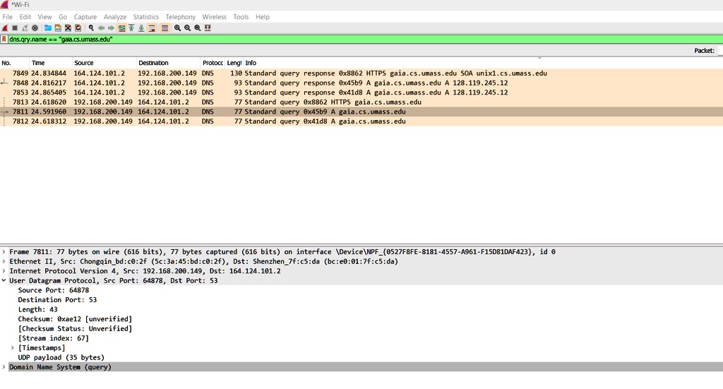a locate the first dns query message resolving the name gaiacsumassedu ...