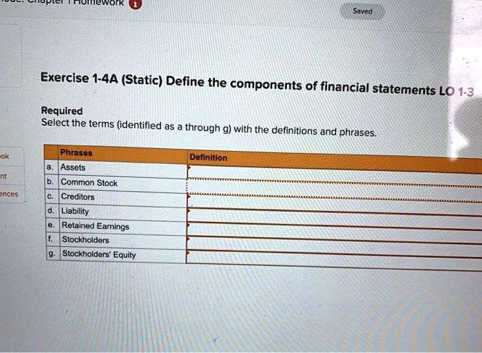 saved exercise 1 4a static define the components of financial statements lo 1 3 required select ...