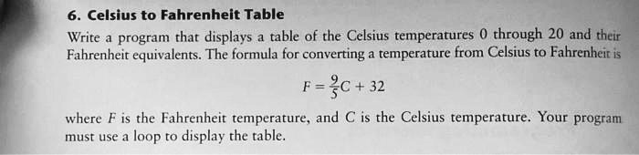 6. Celsius to Fahrenheit Table Write a program that displays a table of ...