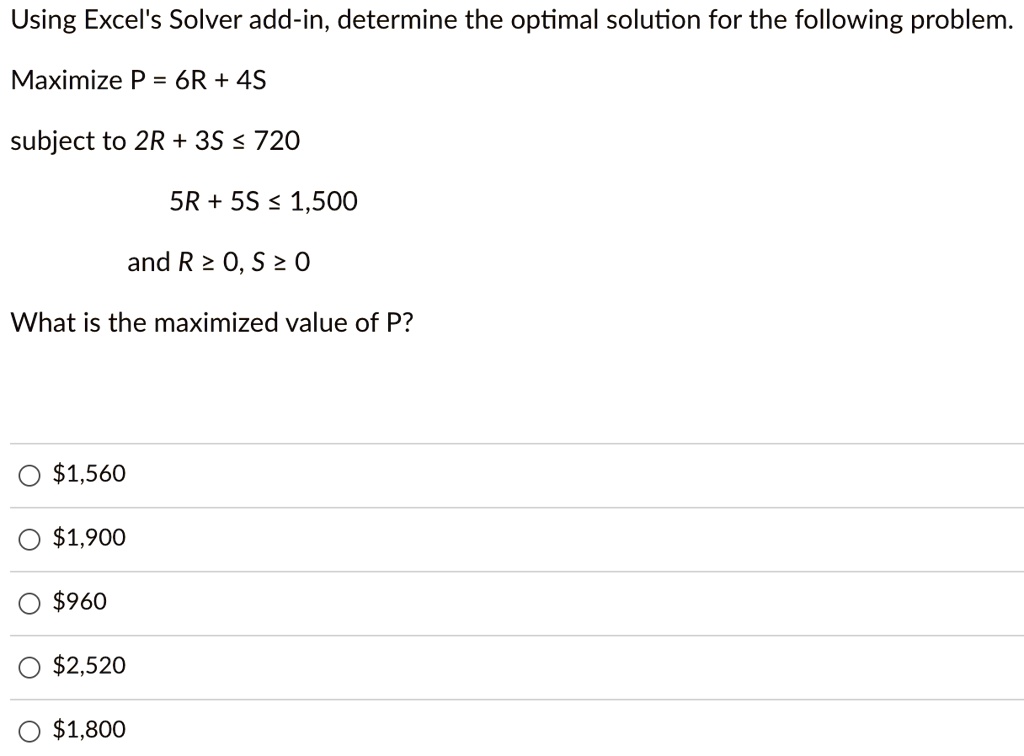 SOLVED:Using Excel's Solver add-in, determine the optimal solution for ...