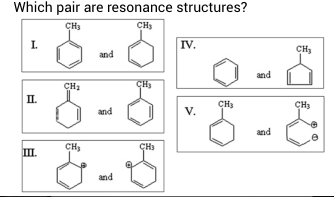SOLVED: Which pari are resonance structures? Which pair are resonance structures? CH3 CH3 I. IV ...