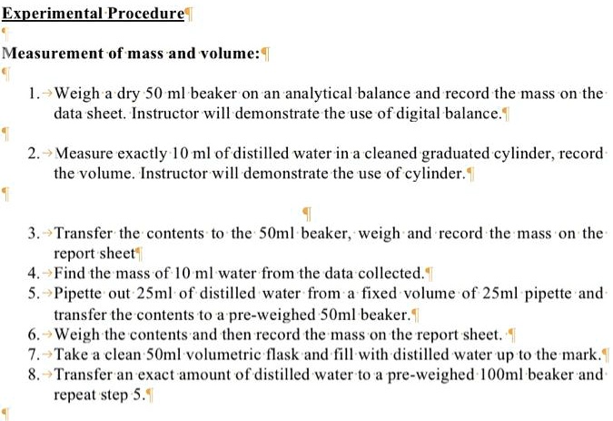 SOLVED: Experimental Procedure Measurement of mass and volume: Weigh a ...