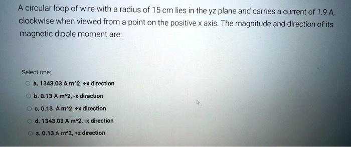 SOLVED: A circular loop of wire with a radius of 15 cm lies in the yz plane and carries current ...