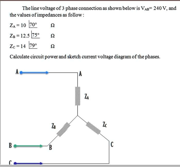 The line voltage of 3 phase connection as shown below is VAB = 240 V ...