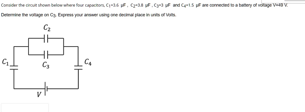 SOLVED: Consider the circuit shown below where four capacitors, C1-3.6 UF C2-3.8 UF C3-3 HF and ...