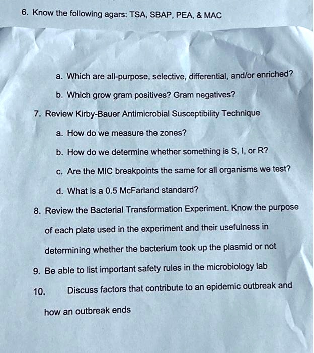 SOLVED: Texts: 6. Know the following agars: TSA, SBAP, PEA, MAC. b ...