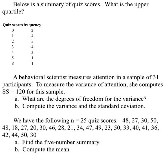 SOLVED: Below is a summary of quiz scores. What is the upper quartile ...