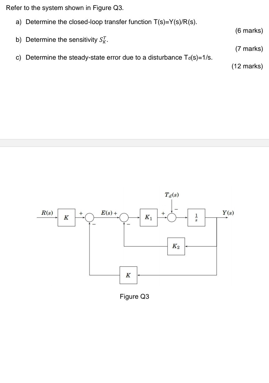 Refer to the system shown in Figure Q3. a) Determine the closed-loop transfer function T(s)=Y(s ...