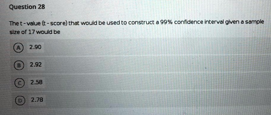 SOLVED: Question 28 The t - value (t - score) that would be used to ...