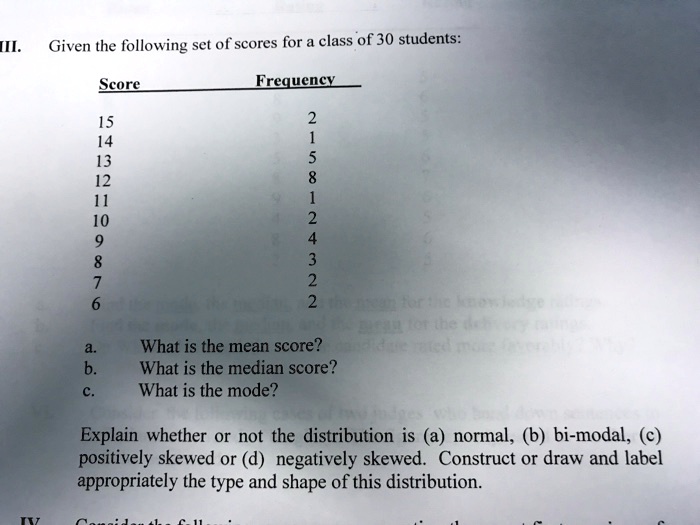 SOLVED: Given the following set of scores for class of 30 students: M ...
