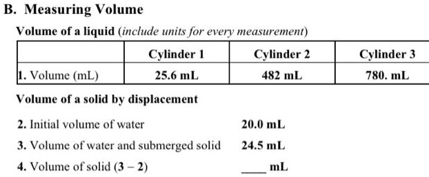 SOLVED: Measuring Volume Volume of a liquid (include units for every ...