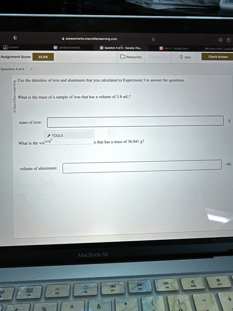 mass of Resources Hint Question 4 of 6 Use the densities of iron and aluminum that you ...