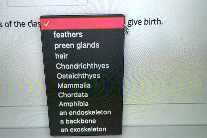 SOLVED:of the clas give birth: feathers preen glands hair ...