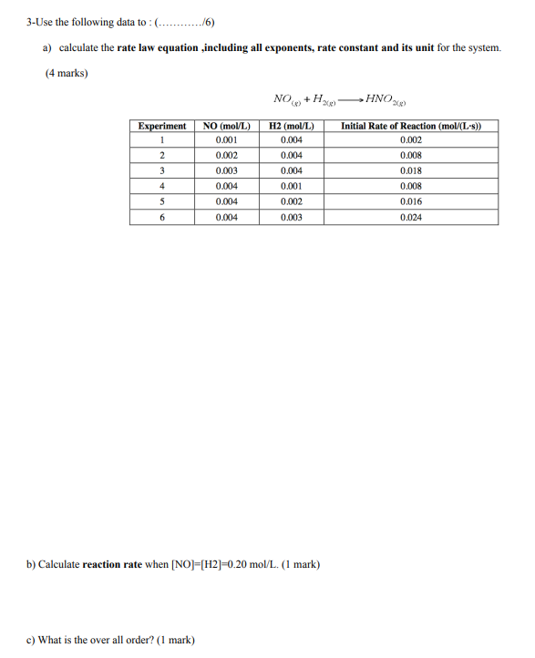 SOLVED: 3-Use the following data to : (……… . . / 6) a) calculate the rate law equation ...