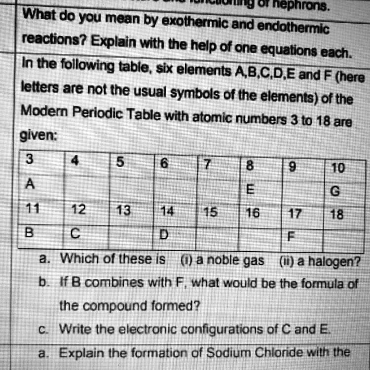 SOLVED: In the following table, six elements A, B, C, D, E, and F (here ...