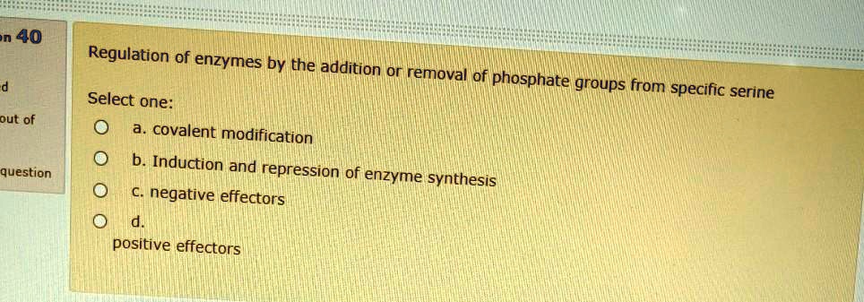 SOLVED: 40 Regulation of enzymes by the laddition or removal of ...