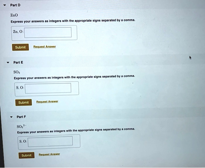 SOLVED: Part D ZnO - Express your answers as integers with the ...
