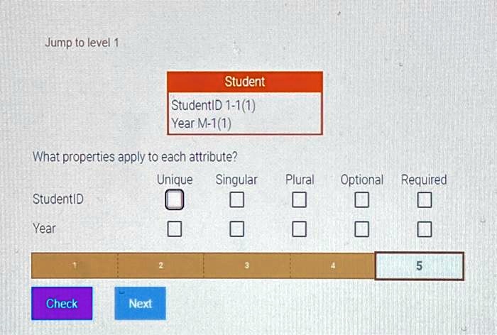 Jump to level 1 Student StudentID 1-1(1) Year M-1(1) What properties apply to each attribute ...
