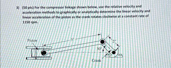 SOLVED: 3) (50 pts) For the compressor linkage shown below use the relative velocity and ...