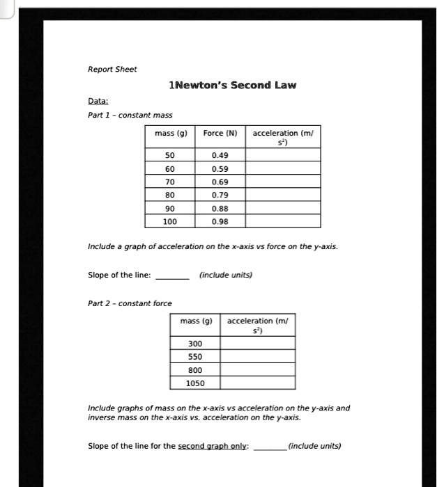 Report Sheet 1Newton's Second Law Data: Part 1 - constant mass mass (g ...