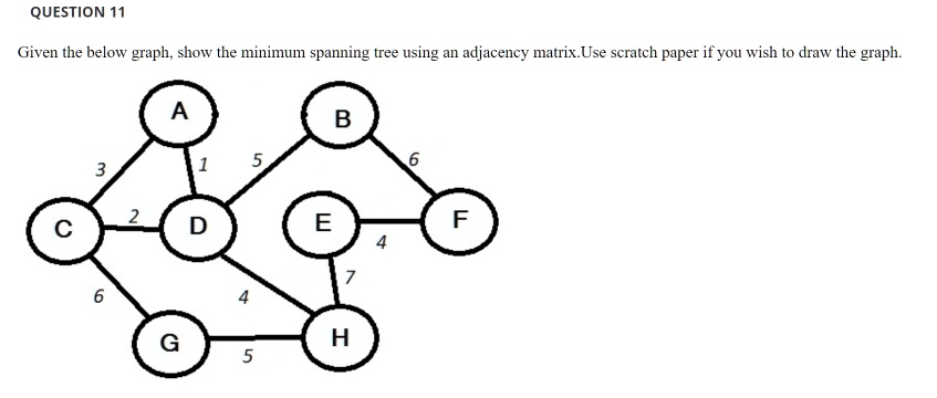 SOLVED: Given the below graph, show the minimum spanning tree using an ...