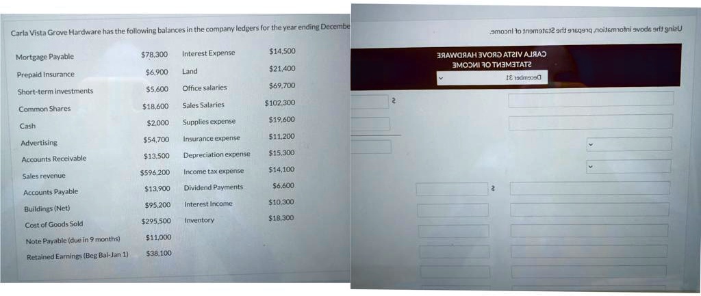 Carla Vista Grove Hardware has the following balances in the company ...