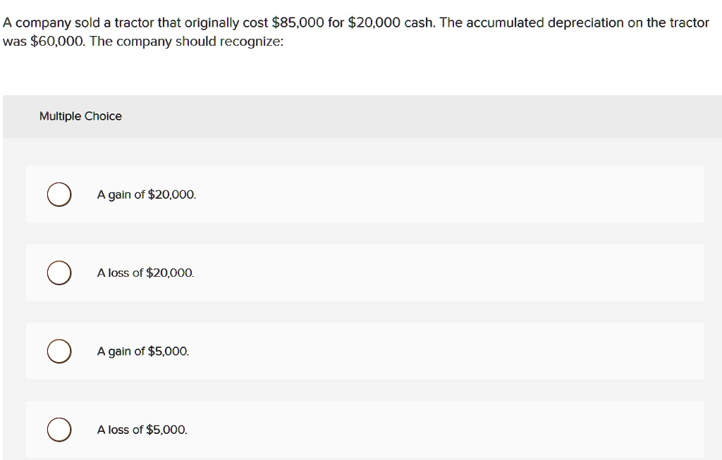 a company sold a tractor that originally cost 85000 for 20000 cash the ...