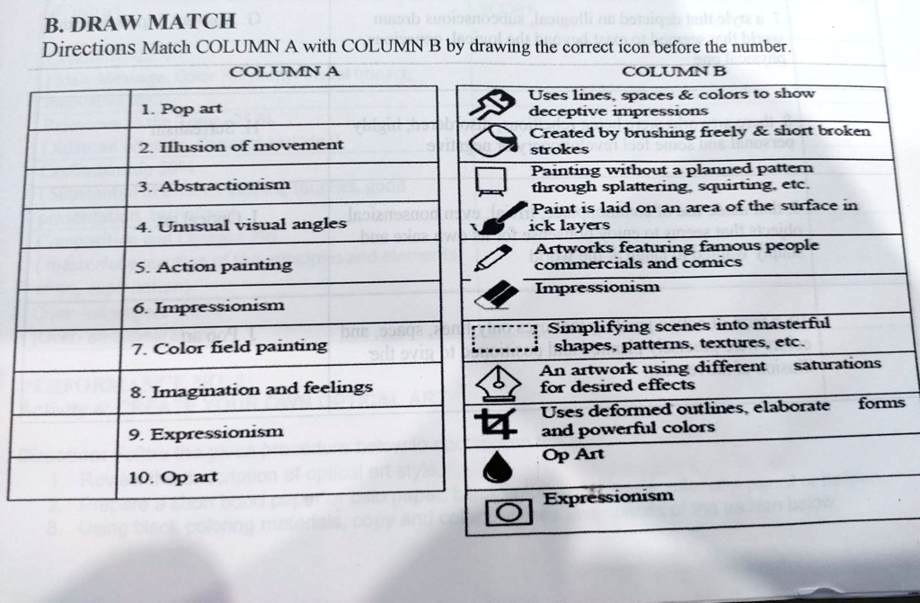 SOLVED: B. DRAW MATCH Directions: Match COLUMN A with COLUMN B by ... SOLVED: B. DRAW MATCH Directions: Match COLUMN A with COLUMN B by ...