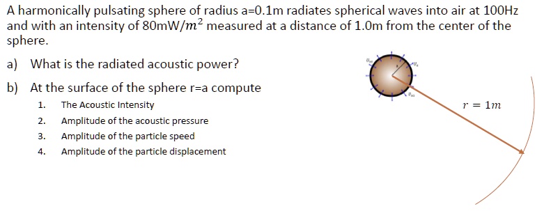 SOLVED: A harmonically pulsating sphere of radius a=0.1m radiates ...