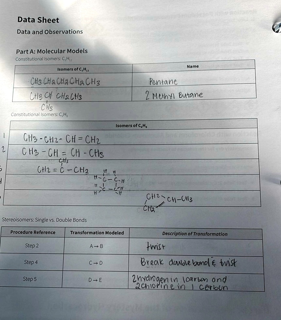 SOLVED: Data Sheet Data and Observations Part A: Molecular Models Constitutional Isomers: C5H12 ...