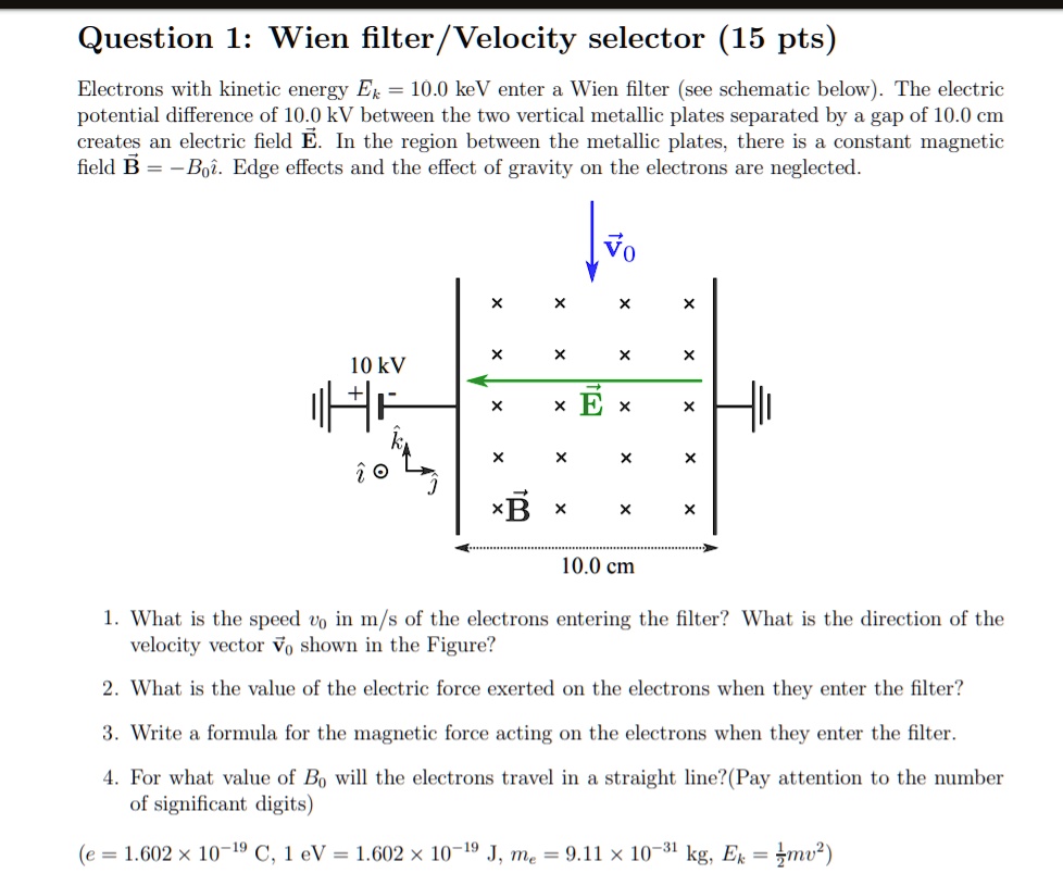 SOLVED:Question 1: Wien filter / Velocity selector (15 pts) Electrons ...
