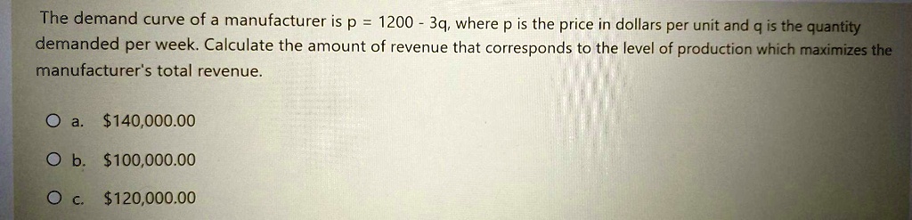 The demand curve of a manufacturer is p = 1200 - 3q, where p is the price in dollars per unit ...
